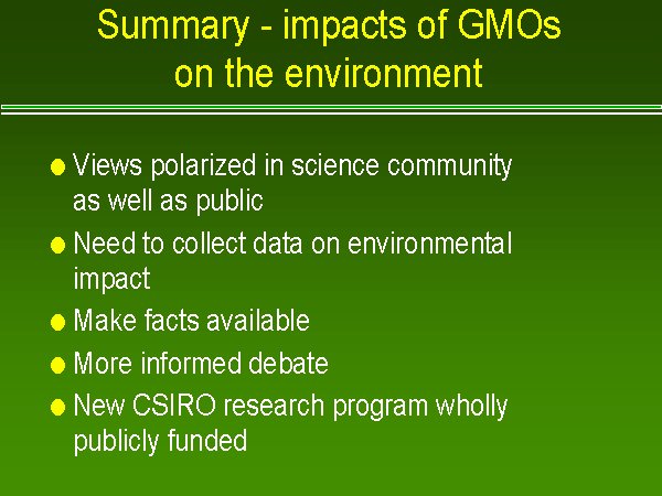 Summary - impacts of GMOs on the environment